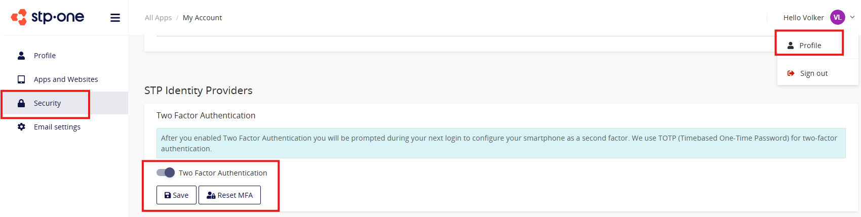 How a user configures two-factor authentication – stp.one Help Center
